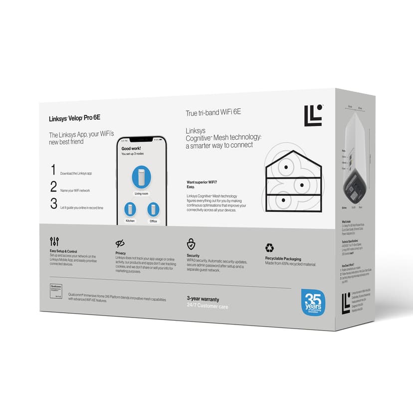 Linksys Velop Pro 6E Mesh WiFi 6E True Tri‑Band-system (MX6202-KE)