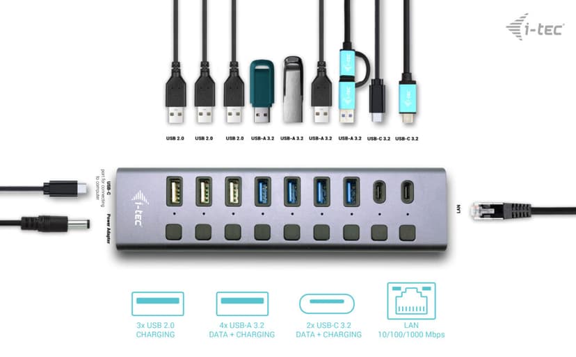I-Tec USB-A/USB-C Charging HUB 9port W/LAN 60W USB 2.0 Type-C RJ-45 ...