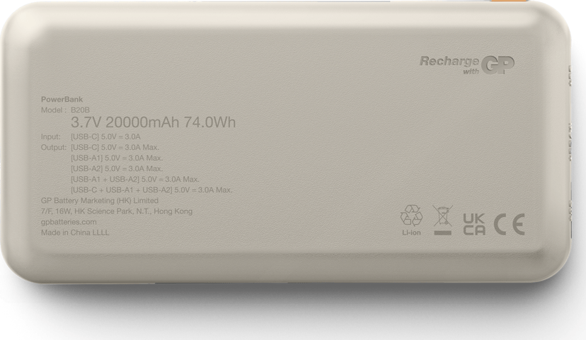 GP Powerbank Plus 3-Port 20000mAh Creme 20000, 74mAh Cremefarvet (405221)