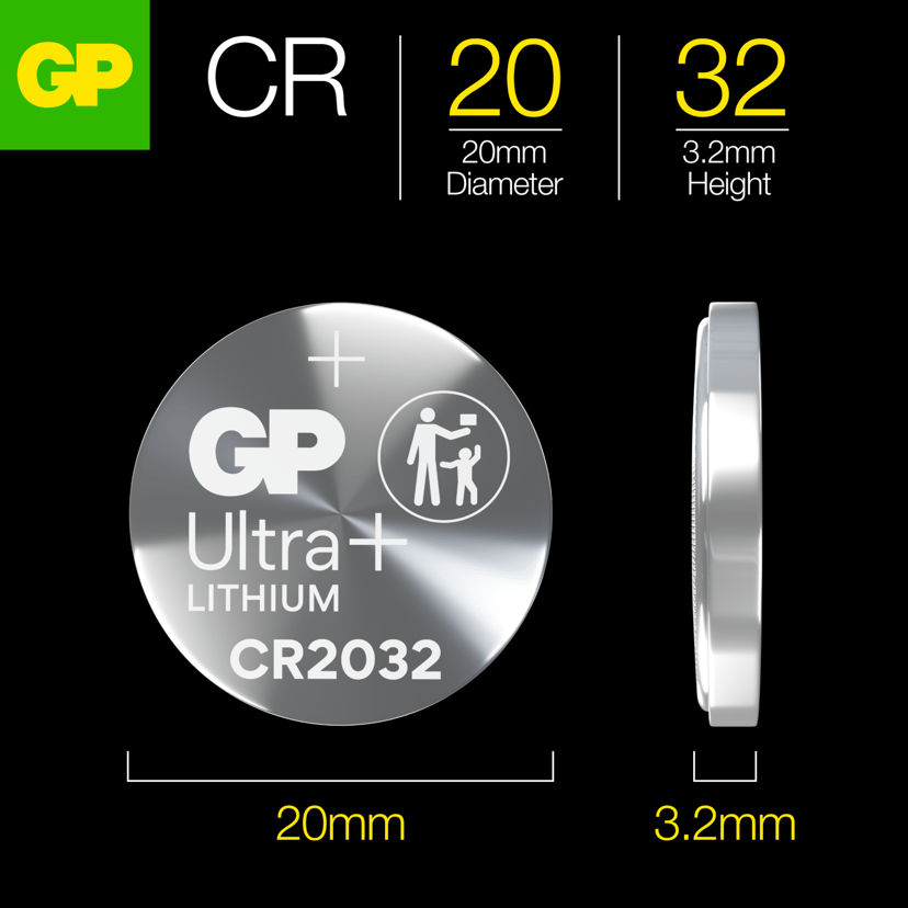 GP Ultra Plus litiumknappcellsbatteri CR2032, 4-pack (103399)
